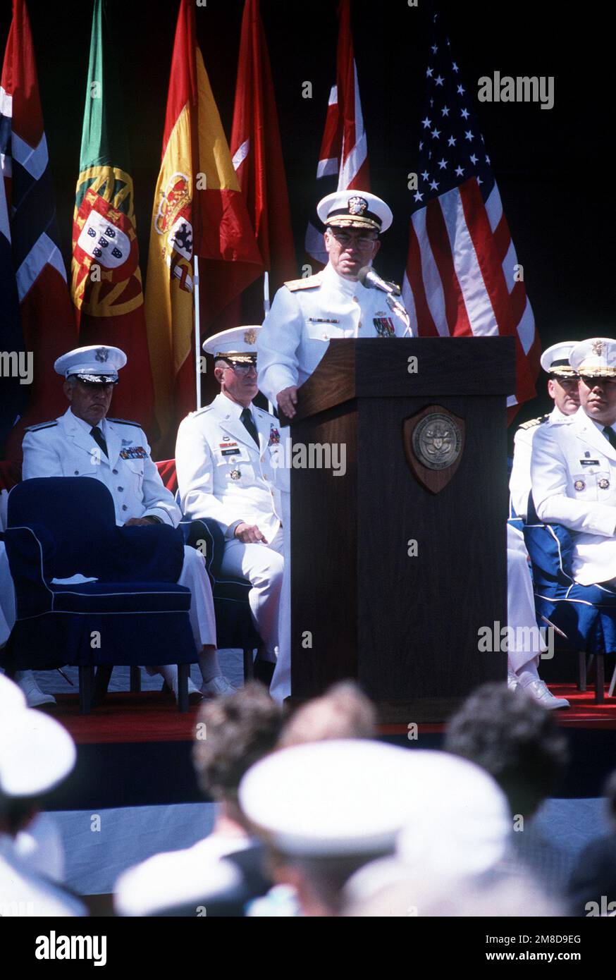 Admiral (ADM) Frank B. Kelso II speaks at the ceremony aboard the ...