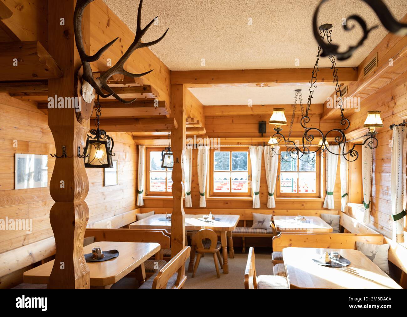 Original interior of a mountain restaurant in the highland region of ...