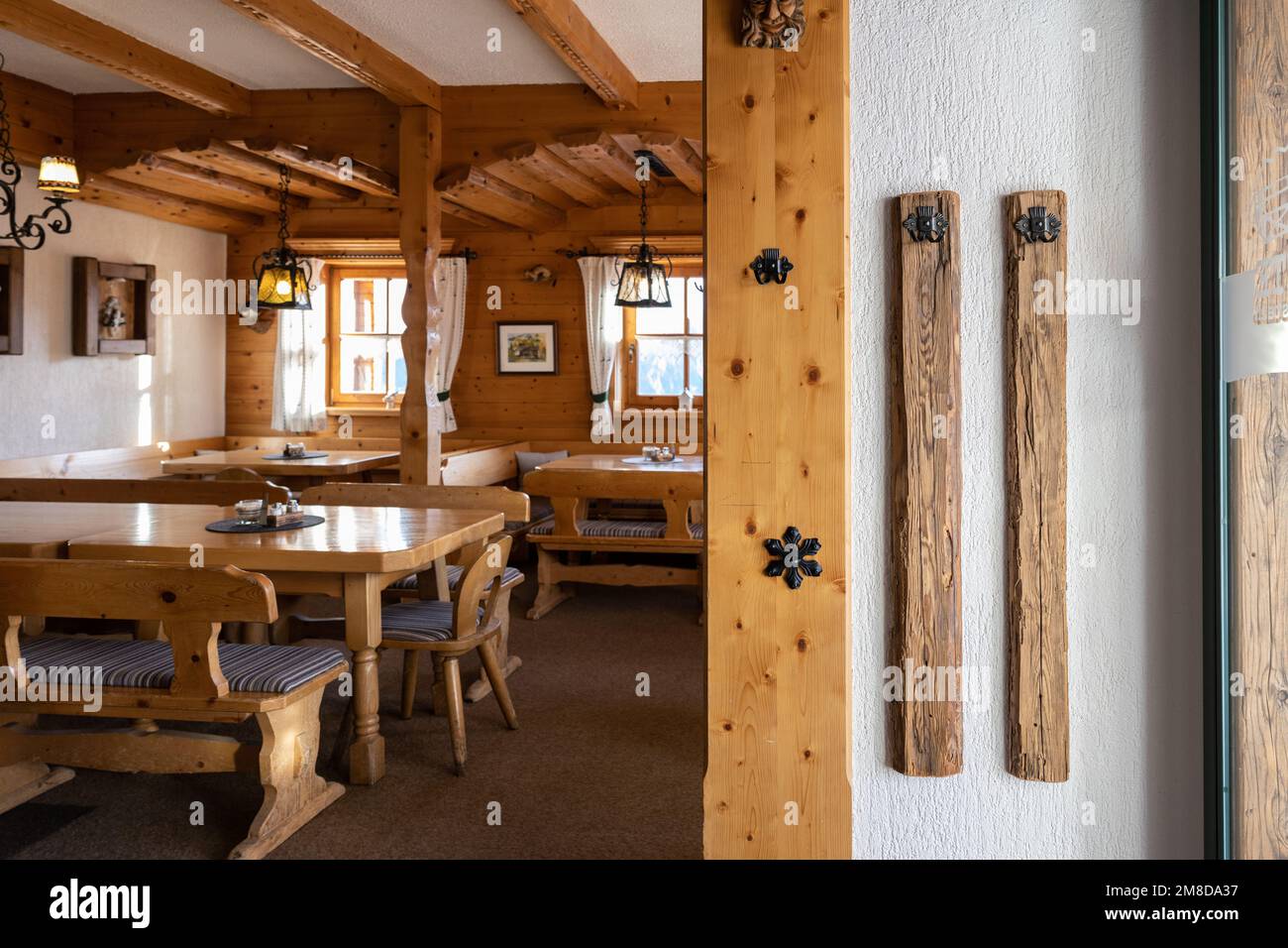 View from the entrance to the restaurant hall of the Austrian mountain ...