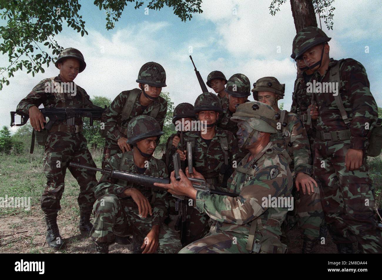 A member of the 25th Infantry Division discusses M-16 rifle upkeep with ...