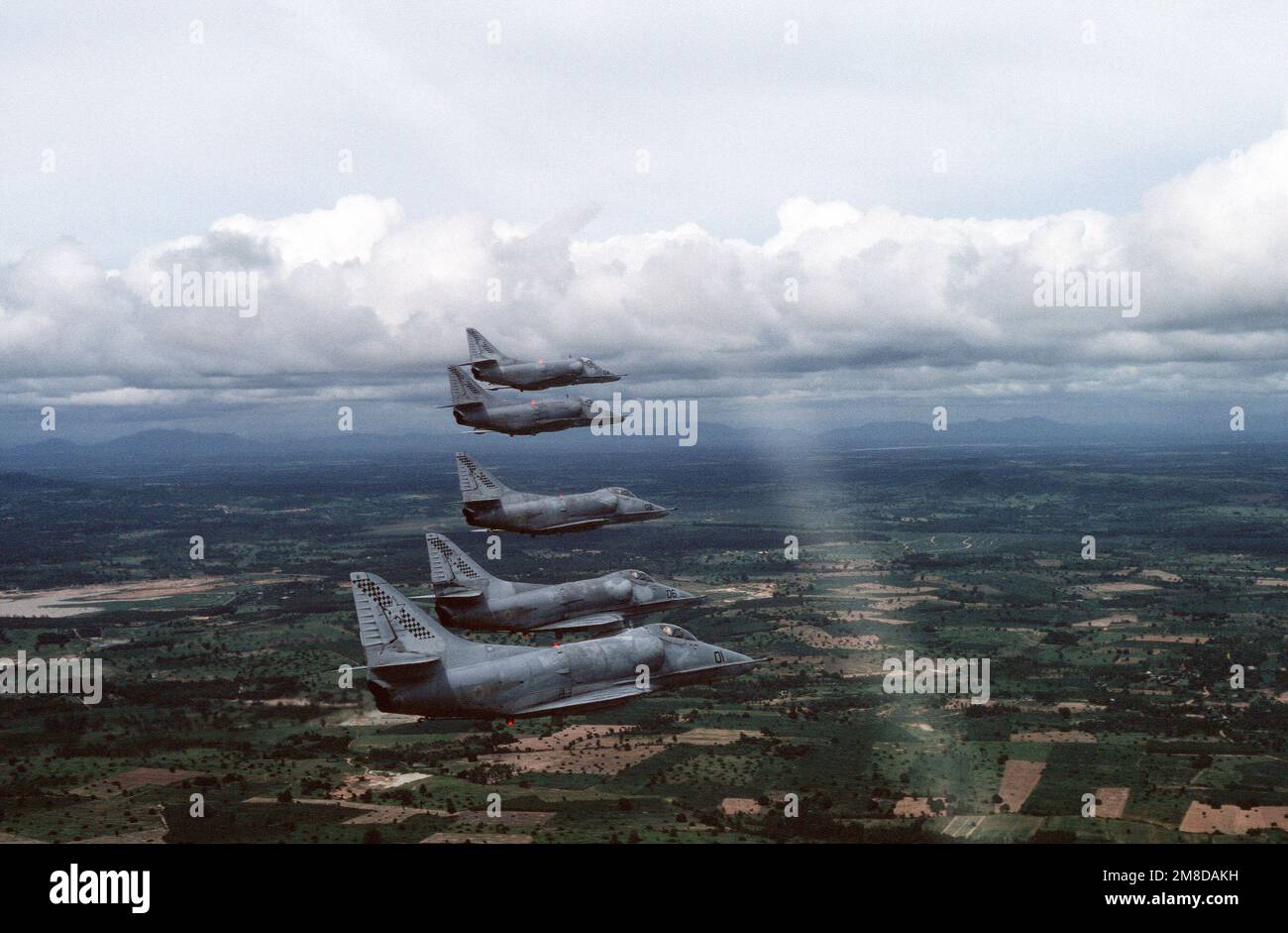 Five A-4E Skyhawk aircraft from Fleet Composite Squadron 5 (VC-5) fly ...