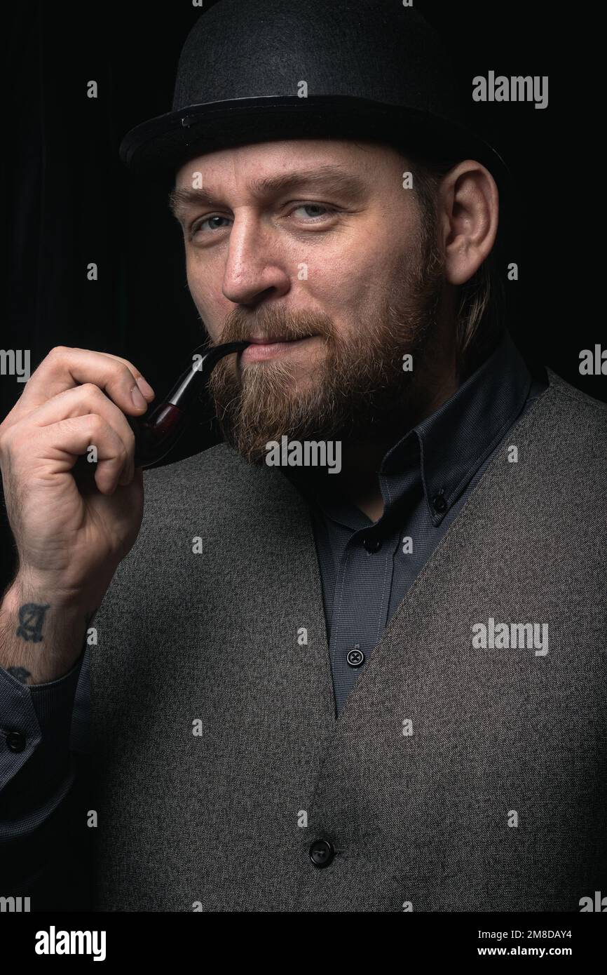 stylish man in retro outfit suit hat smoking wooden pipe sherlock ...