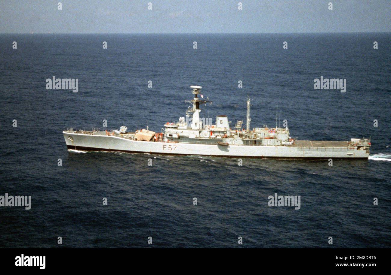 A port beam view of the British frigate HMS ANDROMEDA (F-57) underway ...