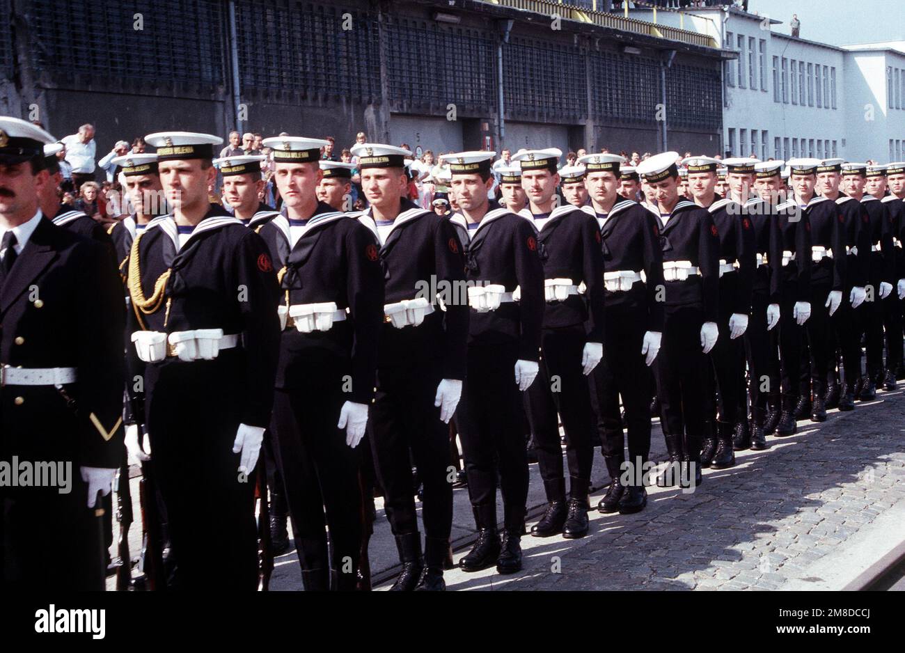 Polish sailors stand in formation during a ceremony welcoming officers ...