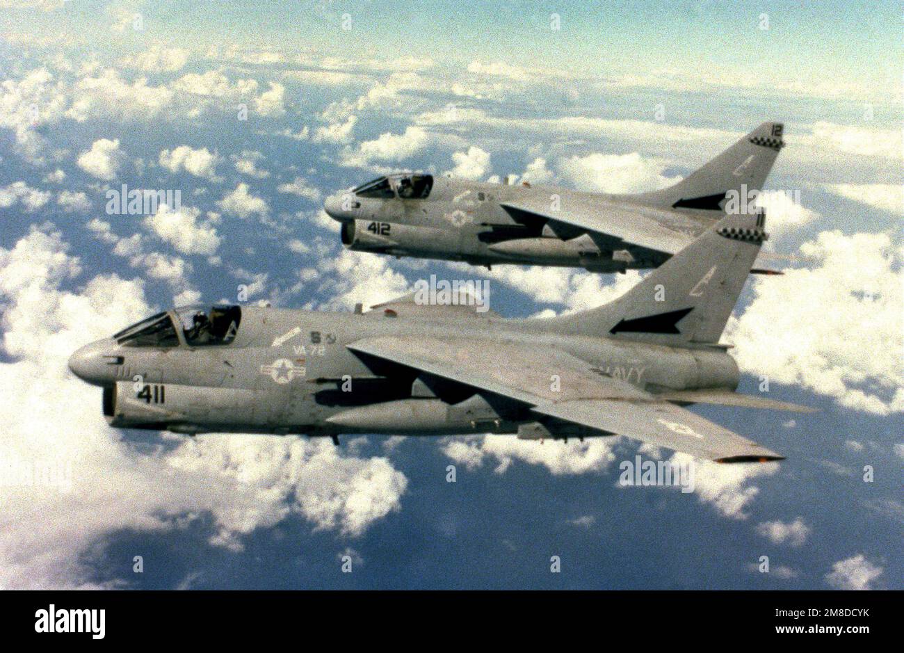 An air-to-air left side view of an Attack Squadron 72 (VA-72) A-7E ...