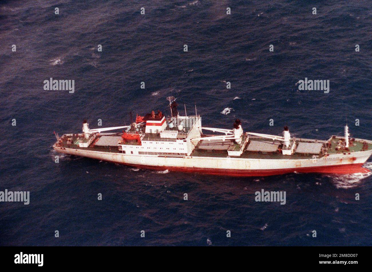 A starboard beam view of a Soviet merchant ship underway. Country ...