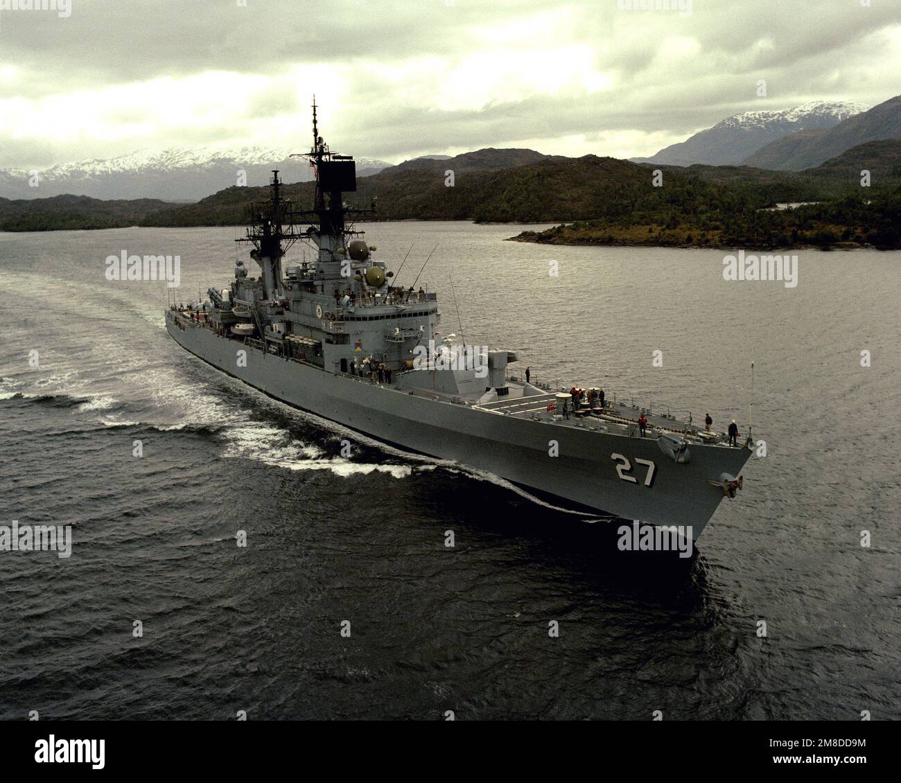 A starboard bow view of the guided missile cruiser USS JOSEPHUS DANIELS ...