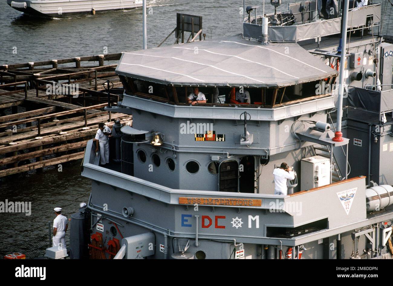 A close-up view of the bridge of the ocean minesweeper USS IMPERVIOUS ...