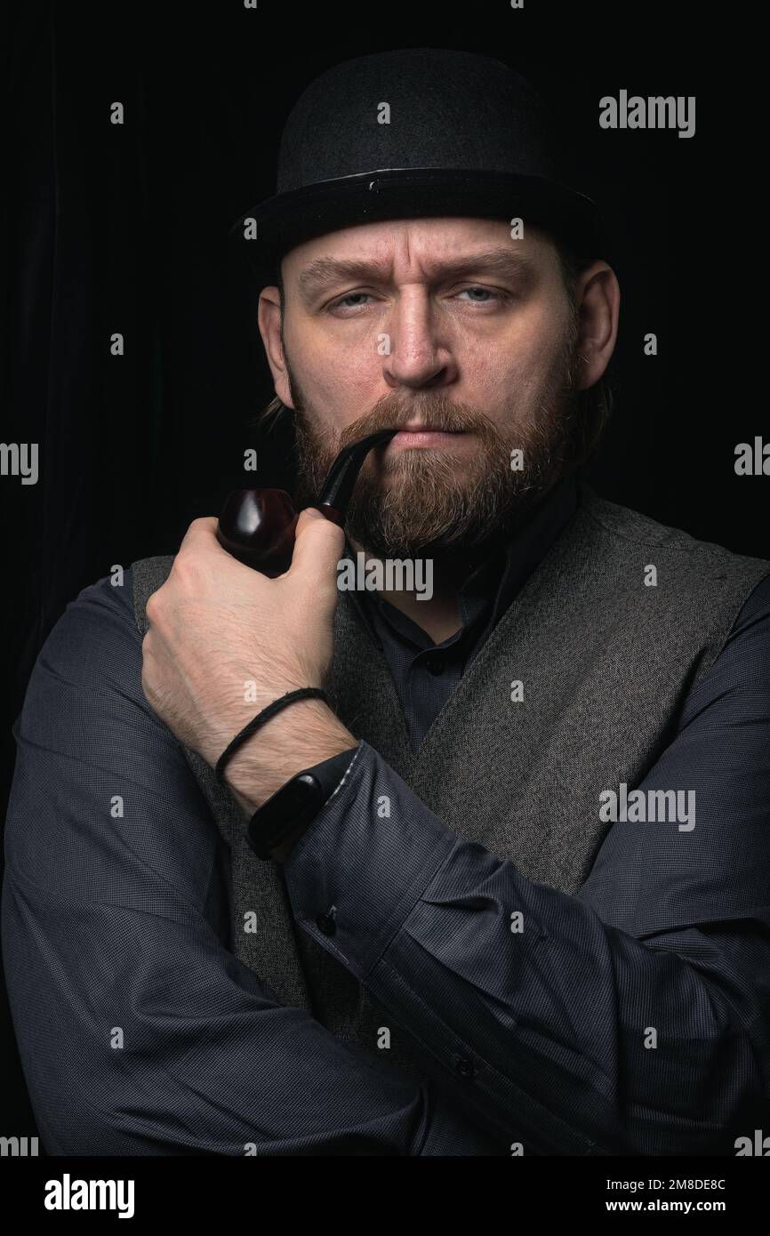 stylish man in retro outfit suit hat smoking wooden pipe sherlock ...