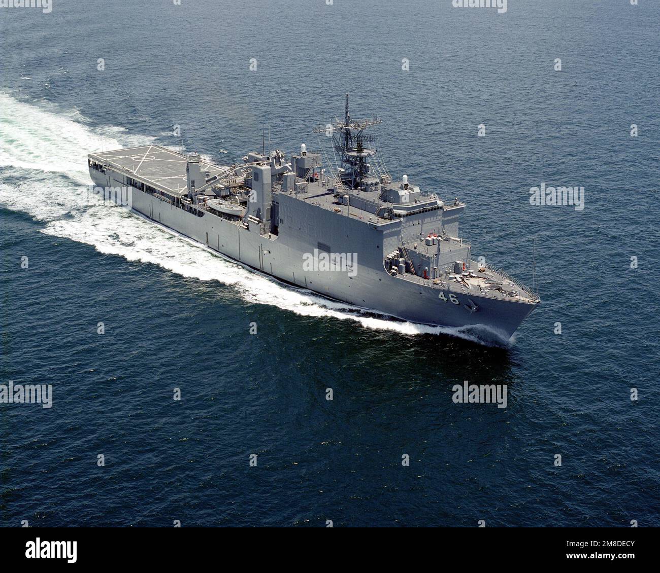 A starboard bow view of the dock landing ship TORTUGA (LSD 46) underway ...