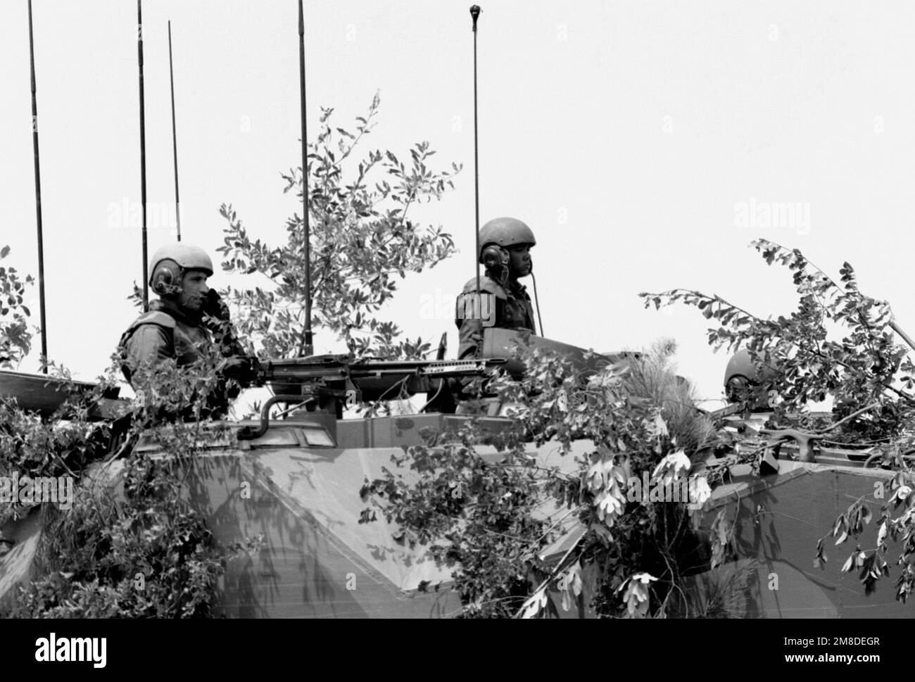 The crew of an AAVC-7A1 amphibious assault command vehicle communicates ...