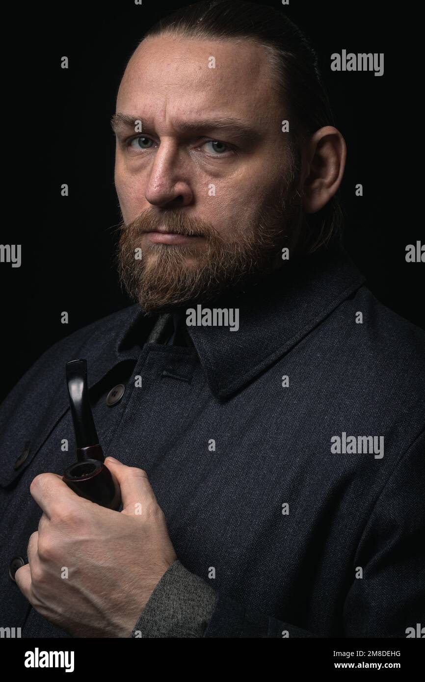 stylish man in retro outfit suit hat smoking wooden pipe sherlock ...