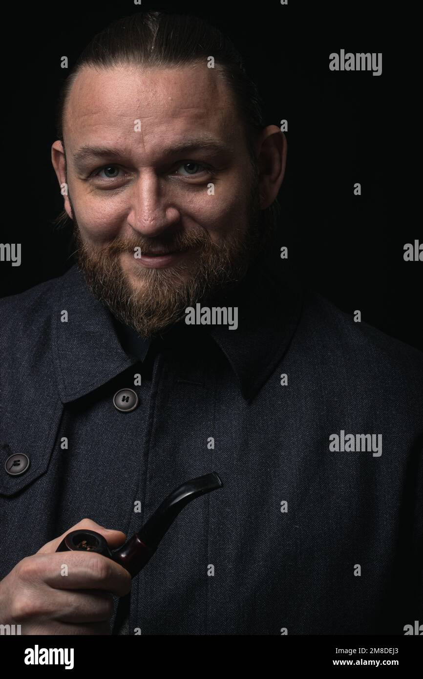 stylish man in retro outfit suit hat smoking wooden pipe sherlock ...