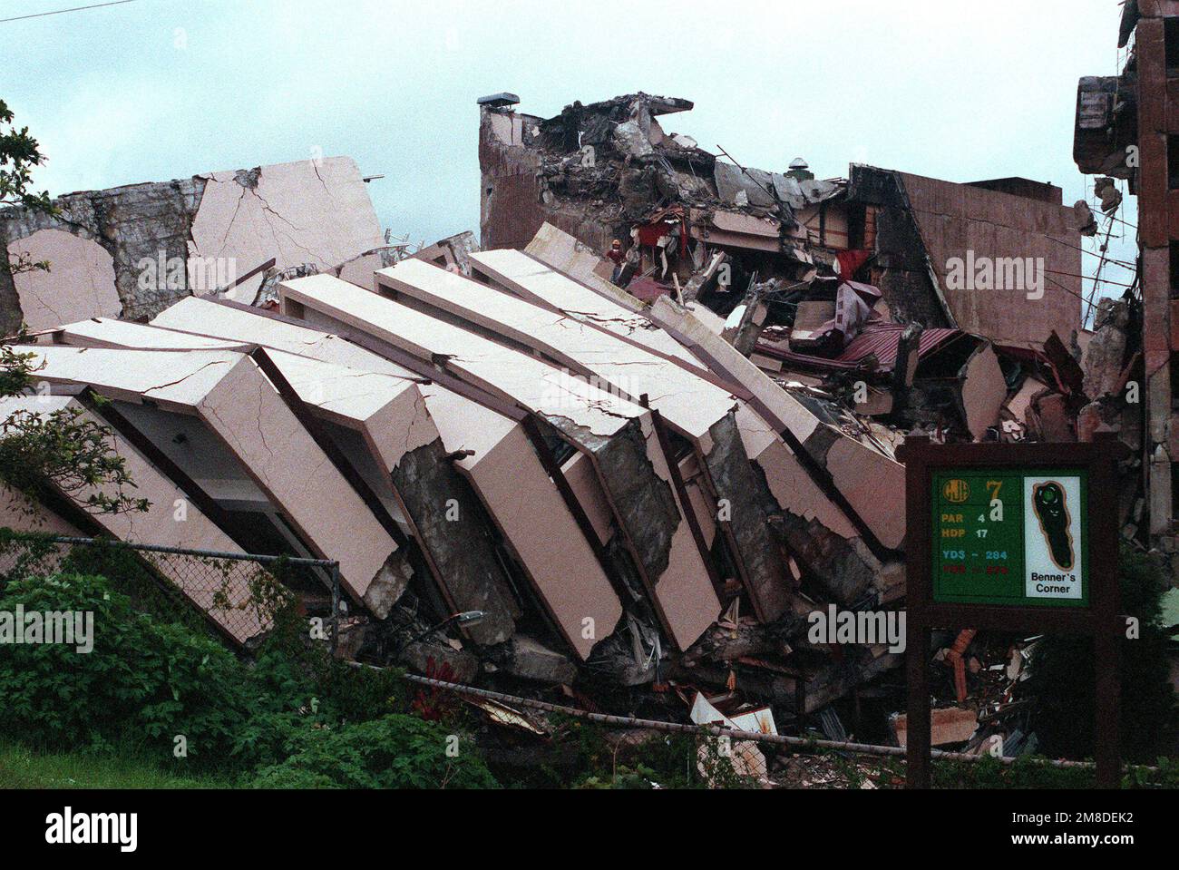 A view of a collapsed section of the Hyatt Hotel at the camp. The hotel ...