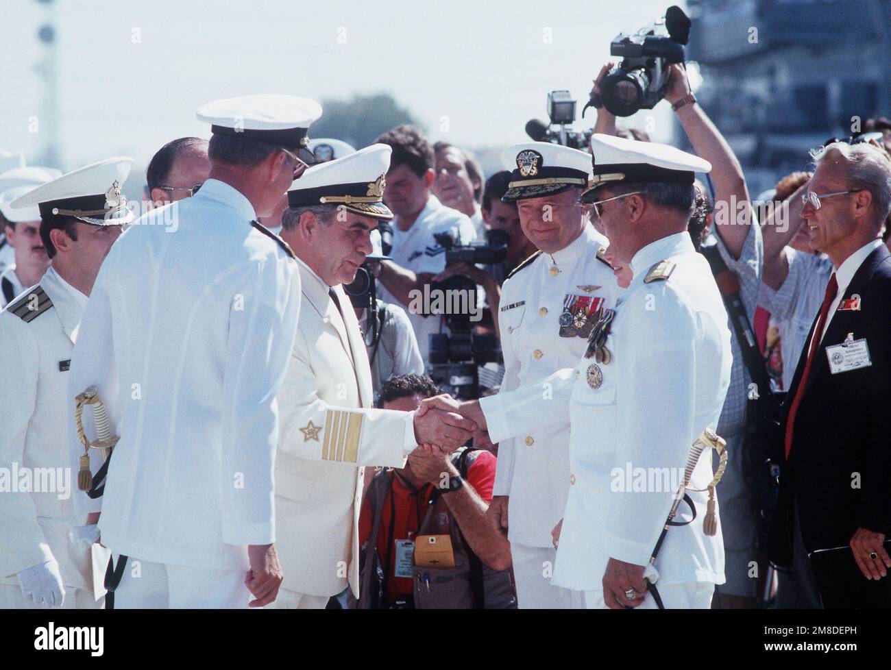 A rear admiral greets Soviet Pacific Fleet commander ADM Gennadiy ...
