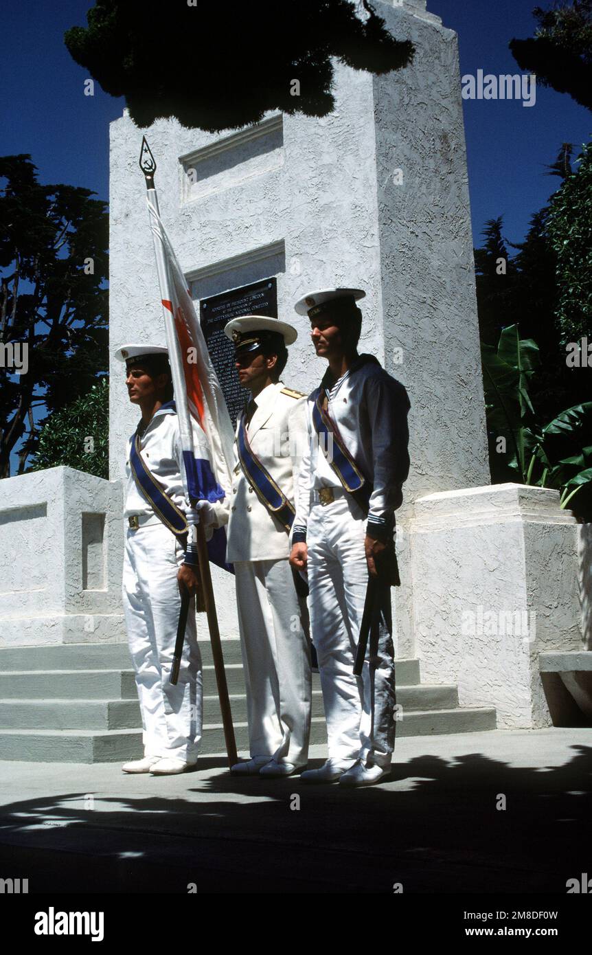 A Soviet Navy Color Guard Stands At The Foot Of A Monument At Fort