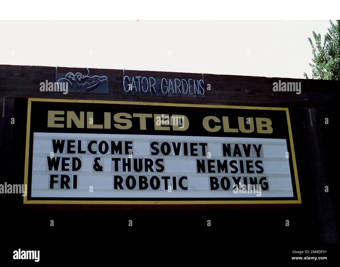 A view of the sign in the front of an enlisted club aboard the base ...