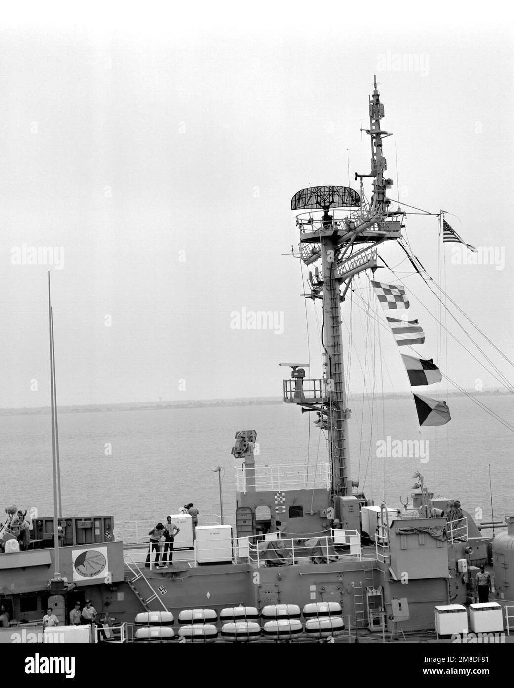 A port view of the antenna rigging on the mast of the tank landing ship ...