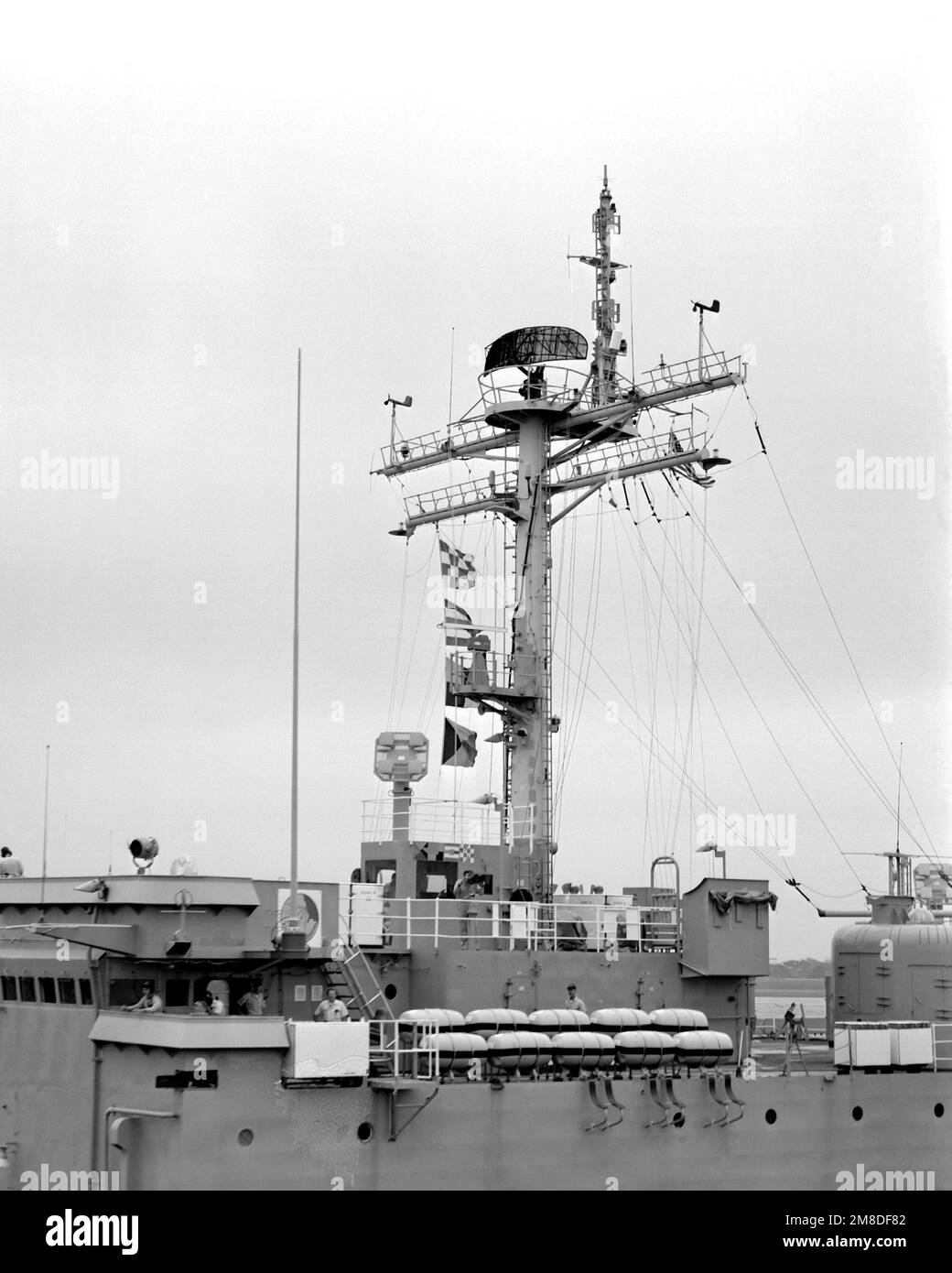 A view of antenna rigging on the mast of the tank landing ship USS ...
