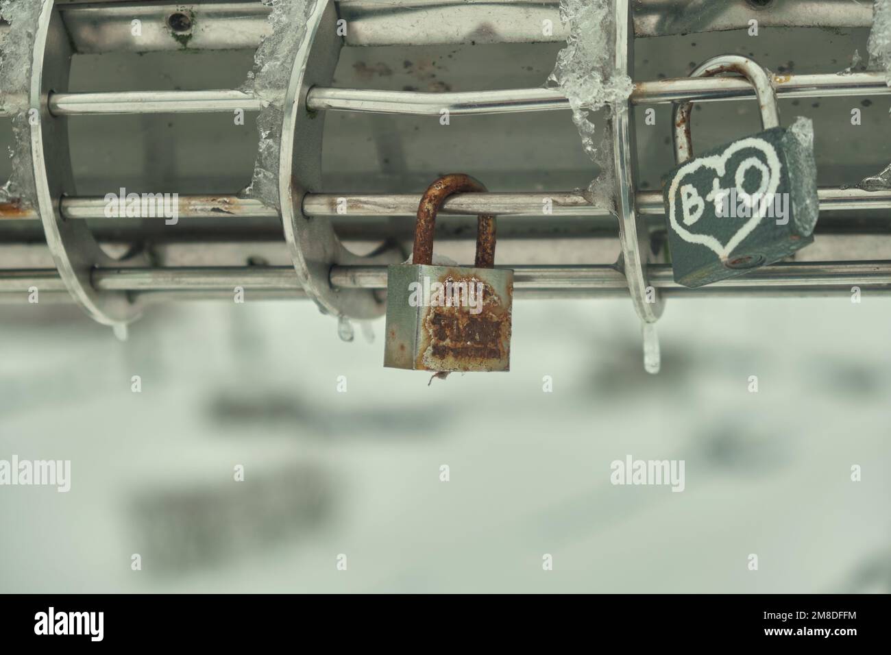 Frozen padlocks are installed along the bridge path and the love locks ...