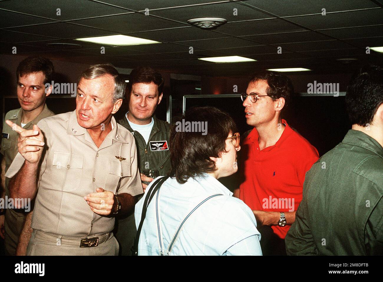 Rear Adm. Jerry L. Unruh, commander, Carrier Group 1, talks to media ...