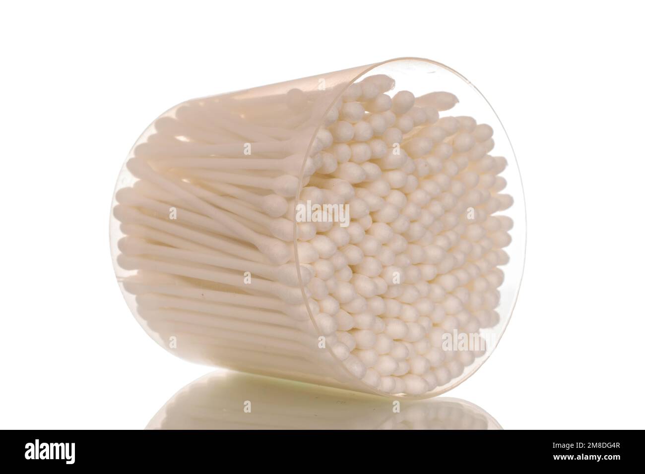 One plastic package of ear buds, macro, isolated on white background ...