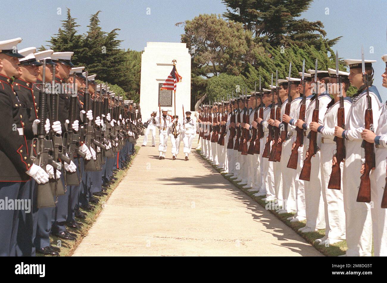 U S Marine And Soviet Sailors Present Arms As A U S Navy Color Guard