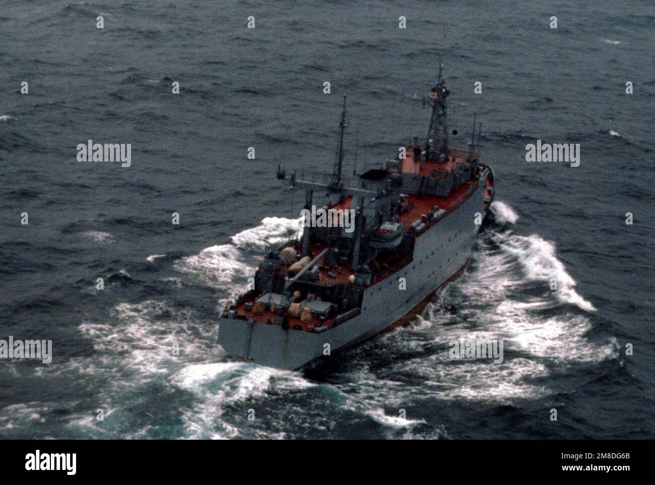 A starboard quarter view of a Soviet Yug class oceanographic research ...