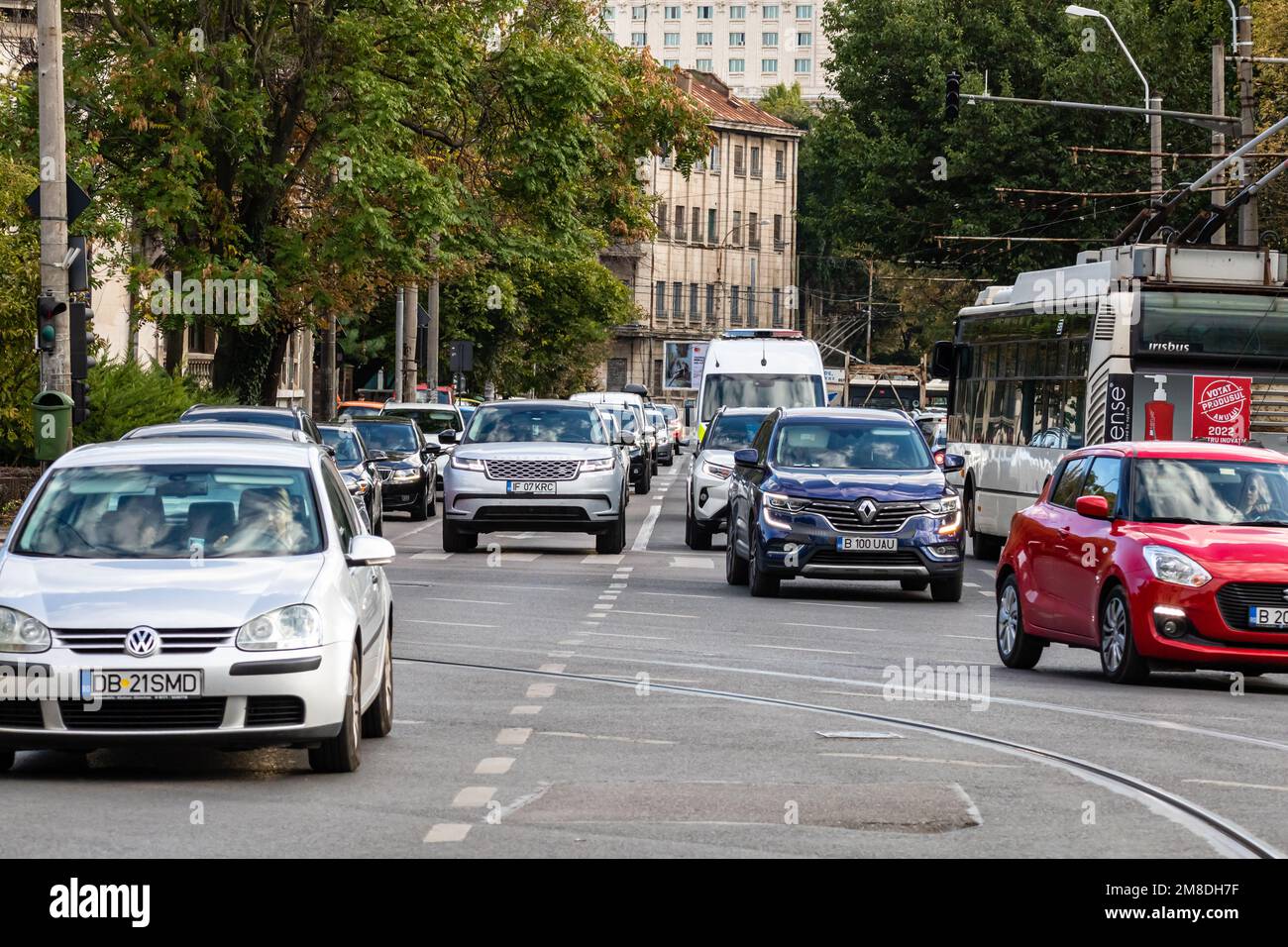 Car traffic at rush hour, car pollution, traffic jam in Bucharest ...