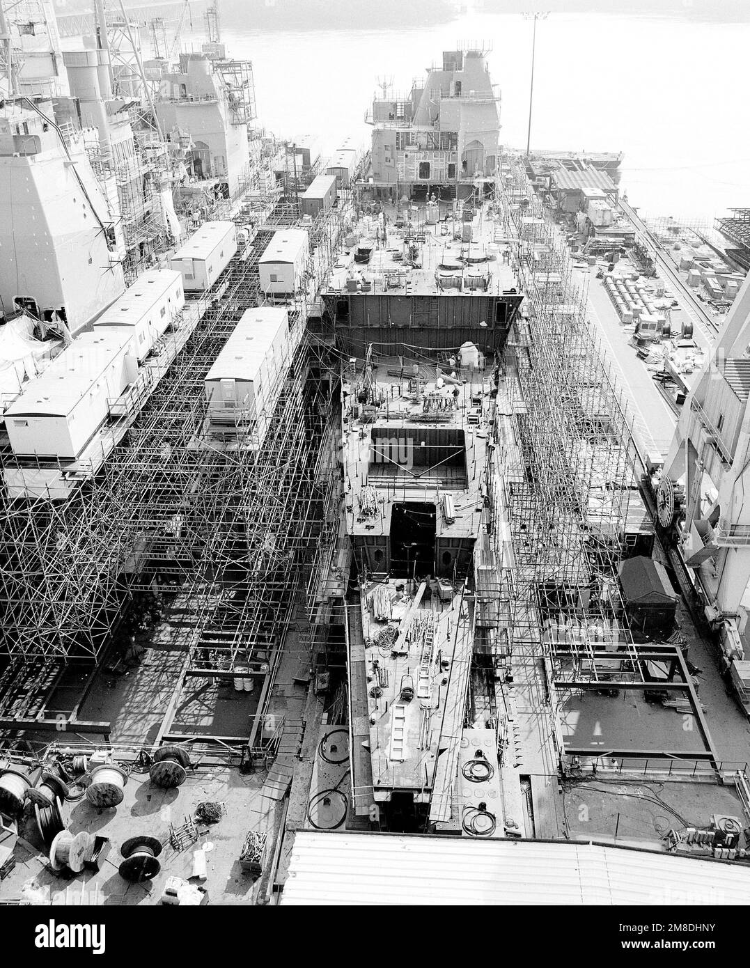 A bow view of the guided missile cruiser Lake Erie (CG 70) on the ways ...