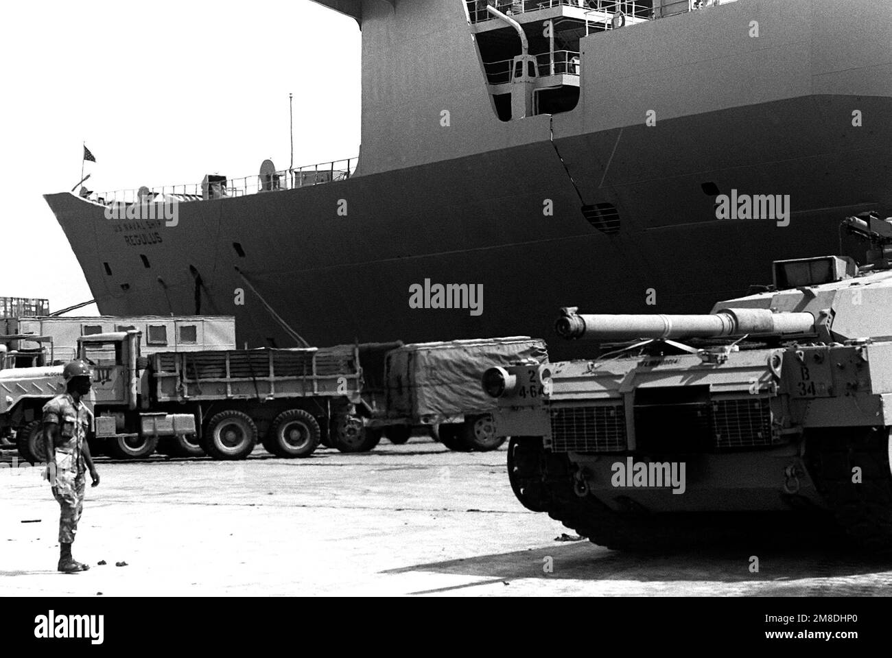 An M-1 Abrams main battle tank is loaded aboard the rapid-response ...