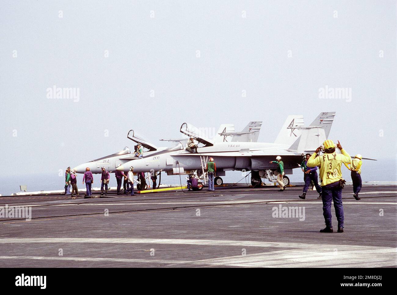 Two Strike fighter Squadron 132 (VFA-132) F/A-18A Hornet aircraft are ...