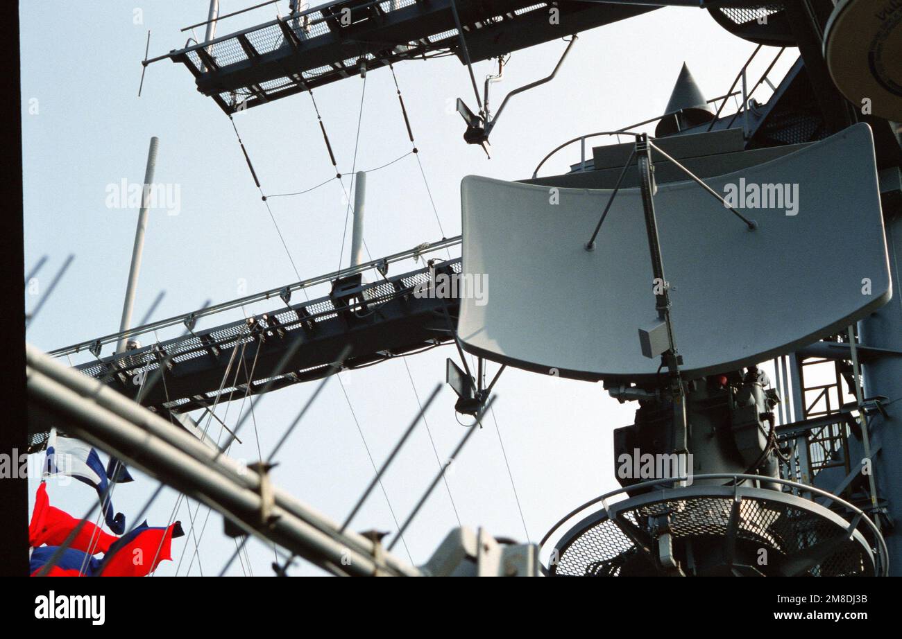 A view of the SPN-43A carrier-controlled approach (CCA) radar antenna aboard the nuclear-powered ...