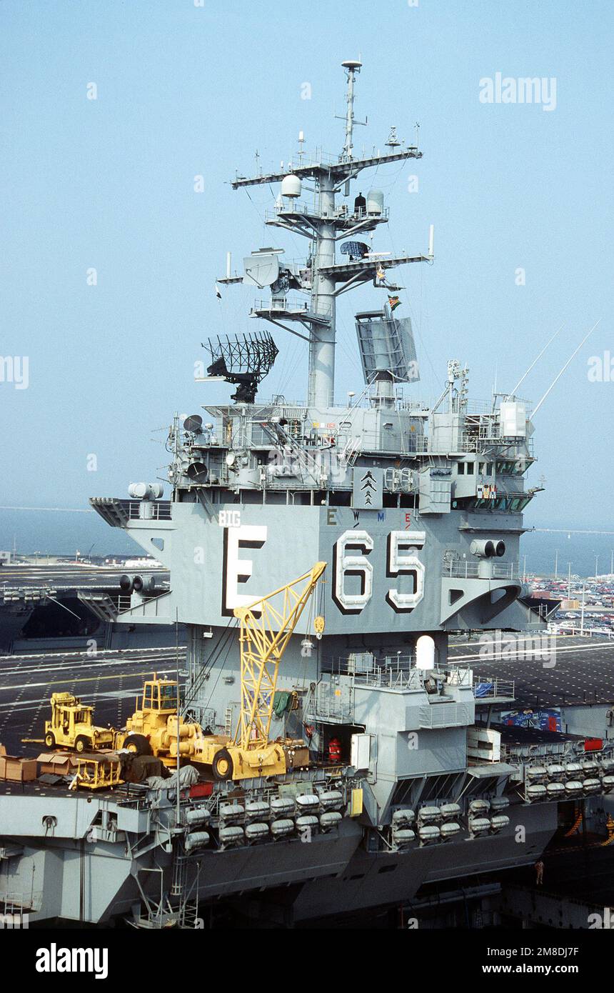 A view of the island of the nuclear-powered aircraft carrier USS ...