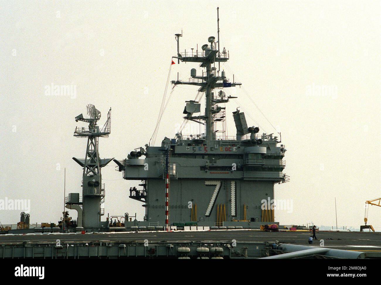 A view of the island of the nuclear-powered aircraft carrier USS THEODORE ROOSEVELT (CVN 71 ...