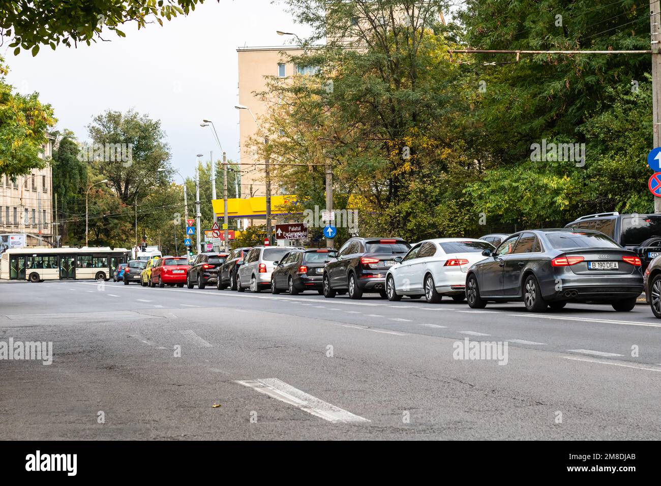 Car traffic at rush hour, car pollution, traffic jam in Bucharest ...