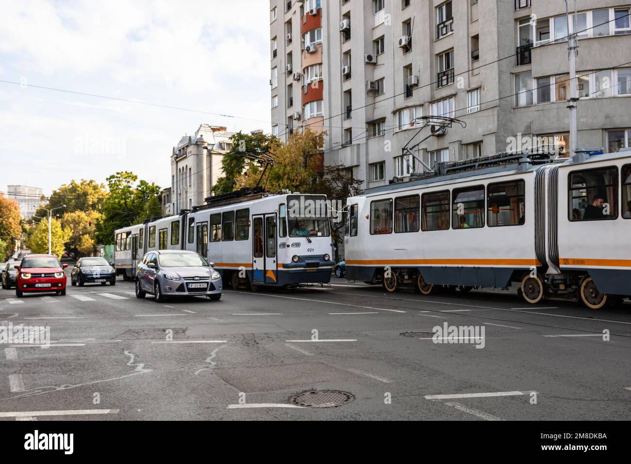 Tram in traffic. Public transport Bucharest, Romania, 2022 Stock Photo ...