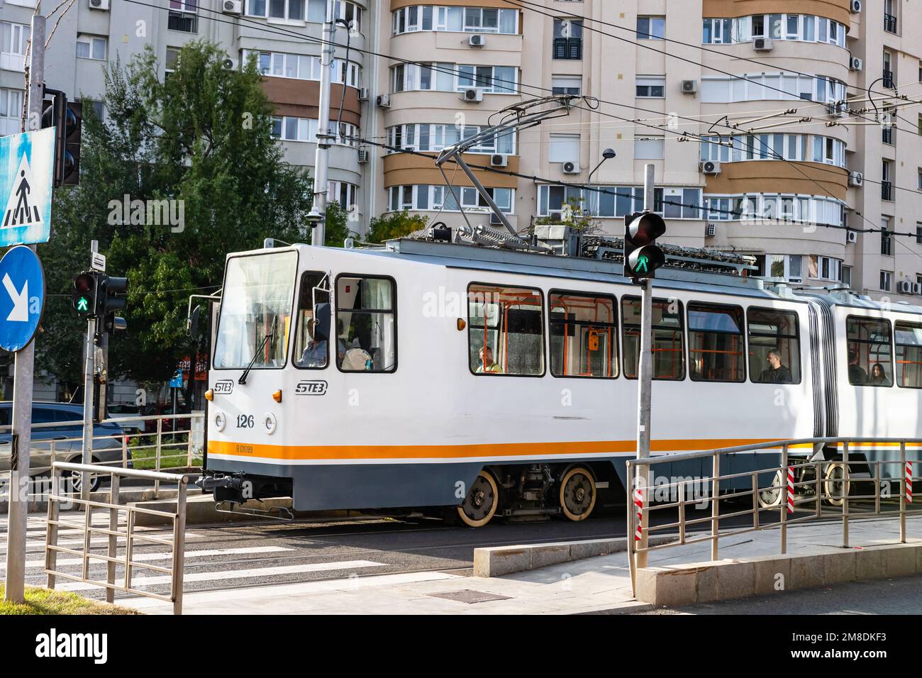 Tram in traffic. Public transport Bucharest, Romania, 2022 Stock Photo ...