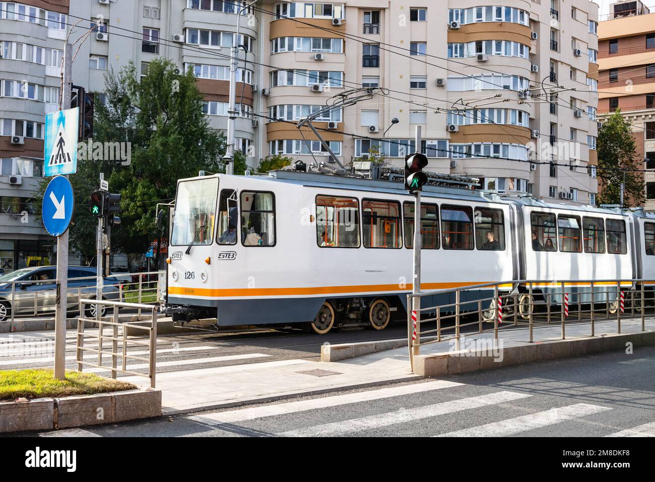 Tram in traffic. Public transport Bucharest, Romania, 2022 Stock Photo ...