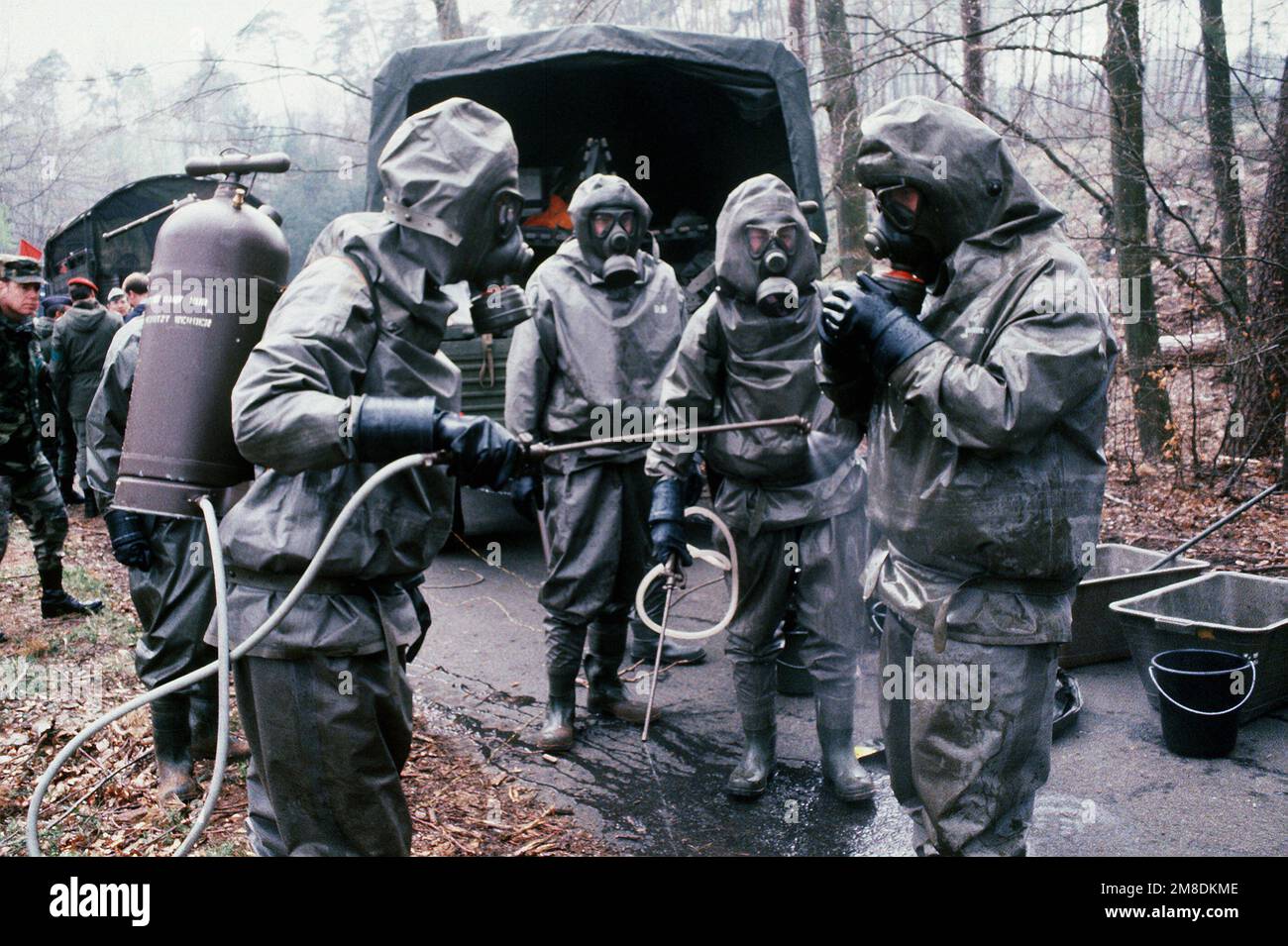 A west German soldier wearing a Nuclear-Biological-Chemical (NBC ...