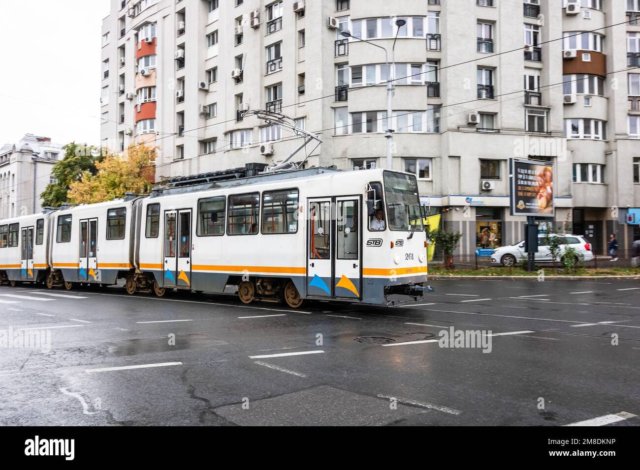 Tram in traffic. Public transport Bucharest, Romania, 2022 Stock Photo ...