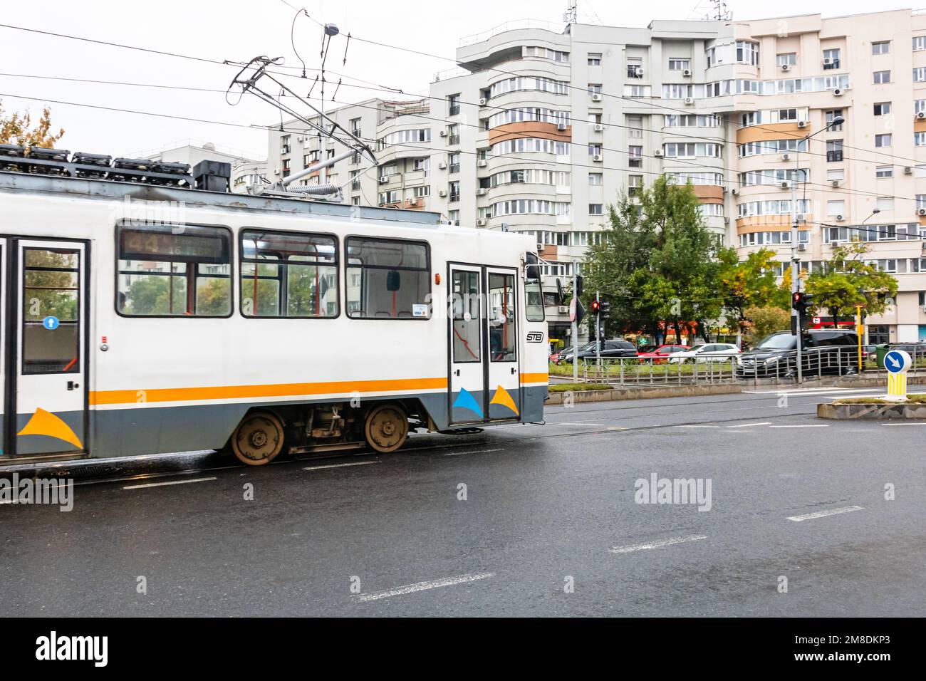 Tram in traffic. Public transport Bucharest, Romania, 2022 Stock Photo ...