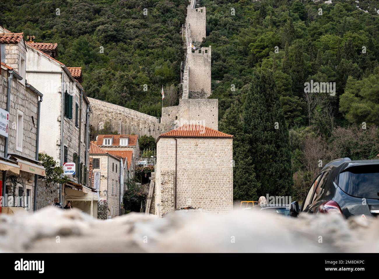 Ston, Croatia-January 5th, 2023: Long, fortified walls of Ston, famous ...