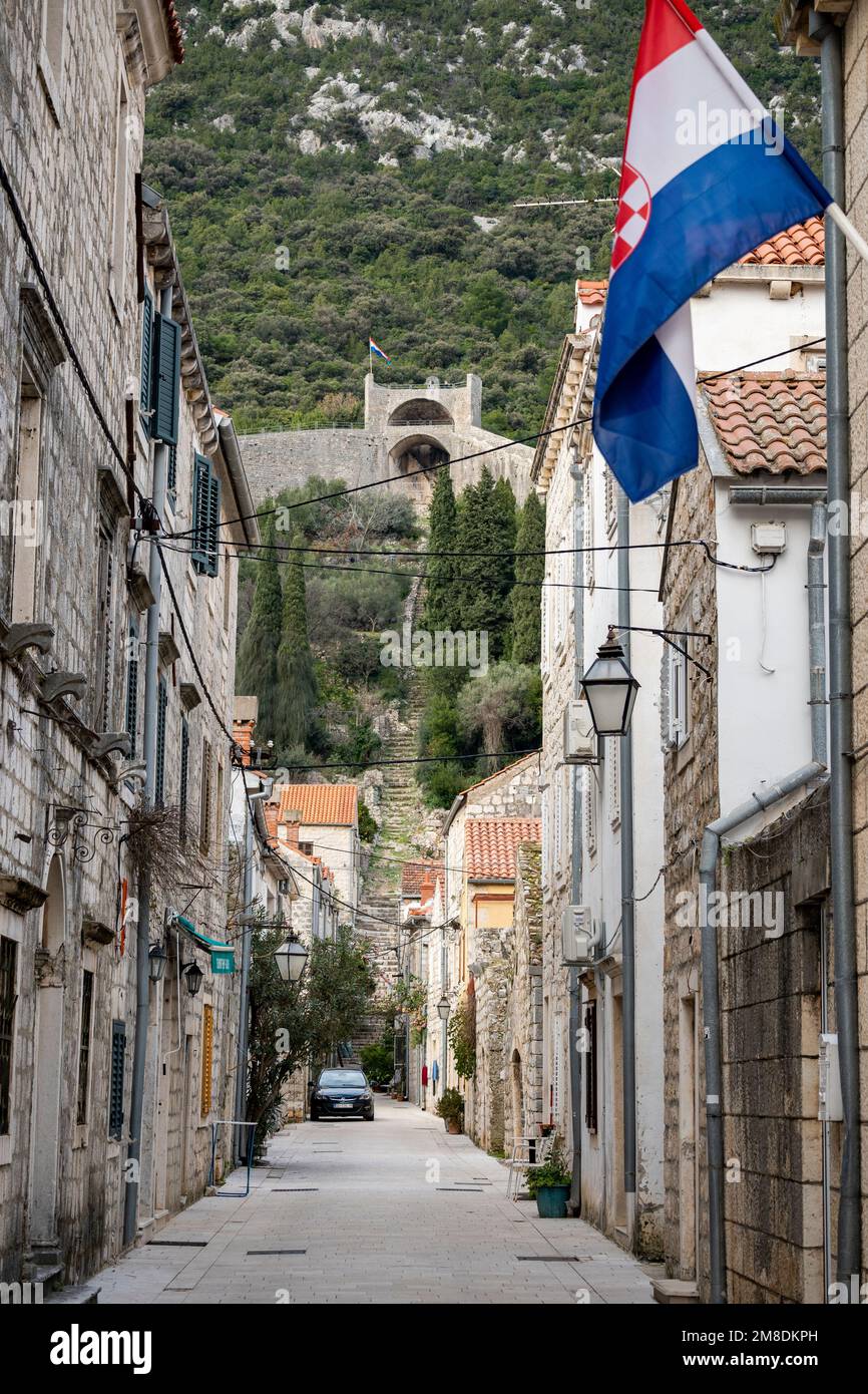 Ston, Croatia-January 5th, 2023: Long, fortified walls of Ston, famous ...