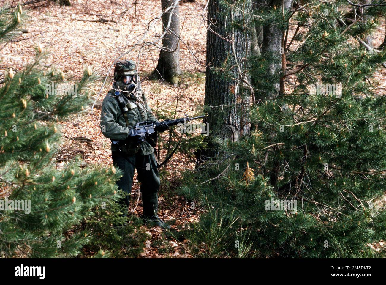 A soldier wearing a nuclear-biological-chemical (NBC) protective suit ...