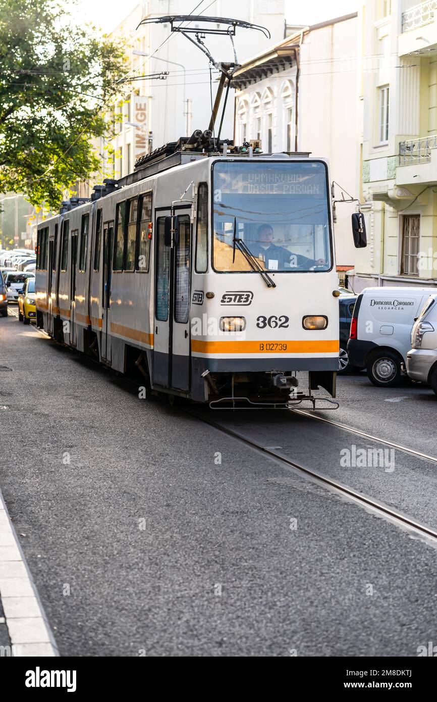 Tram in traffic. Public transport Bucharest, Romania, 2022 Stock Photo ...