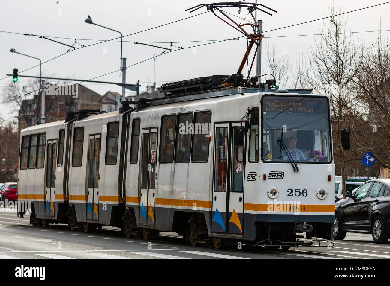 Tram in traffic on the streets of Bucharest, Romania, 2022 Stock Photo ...