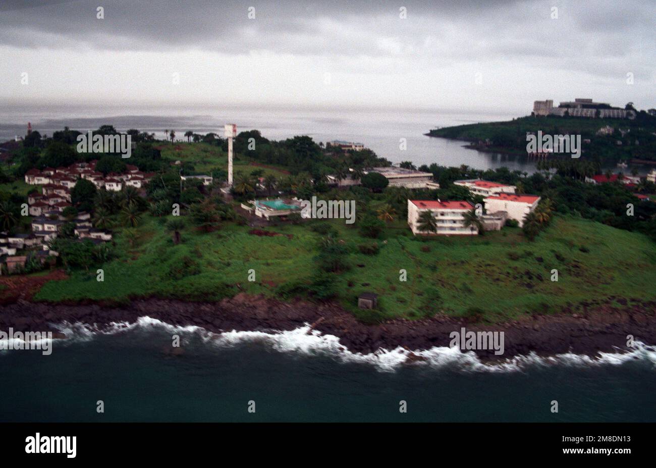 An aerial view of a town on a peninsula just north of Freetown, the ...