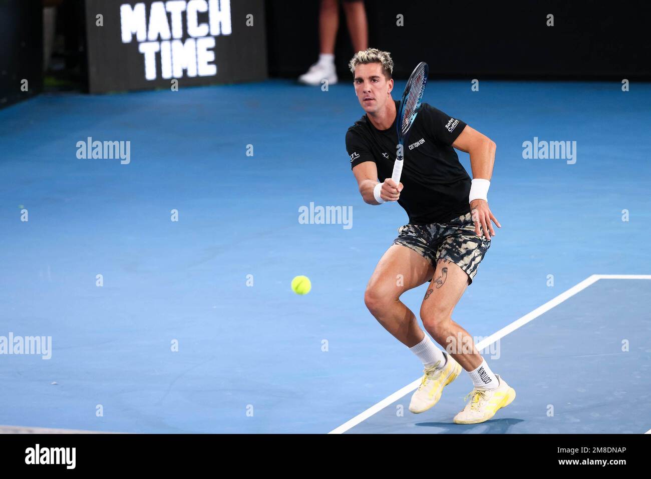 Adelaide, Australia, 13 January, 2023. Thanasi Kokkinakis of Australia plays a forehand during ...