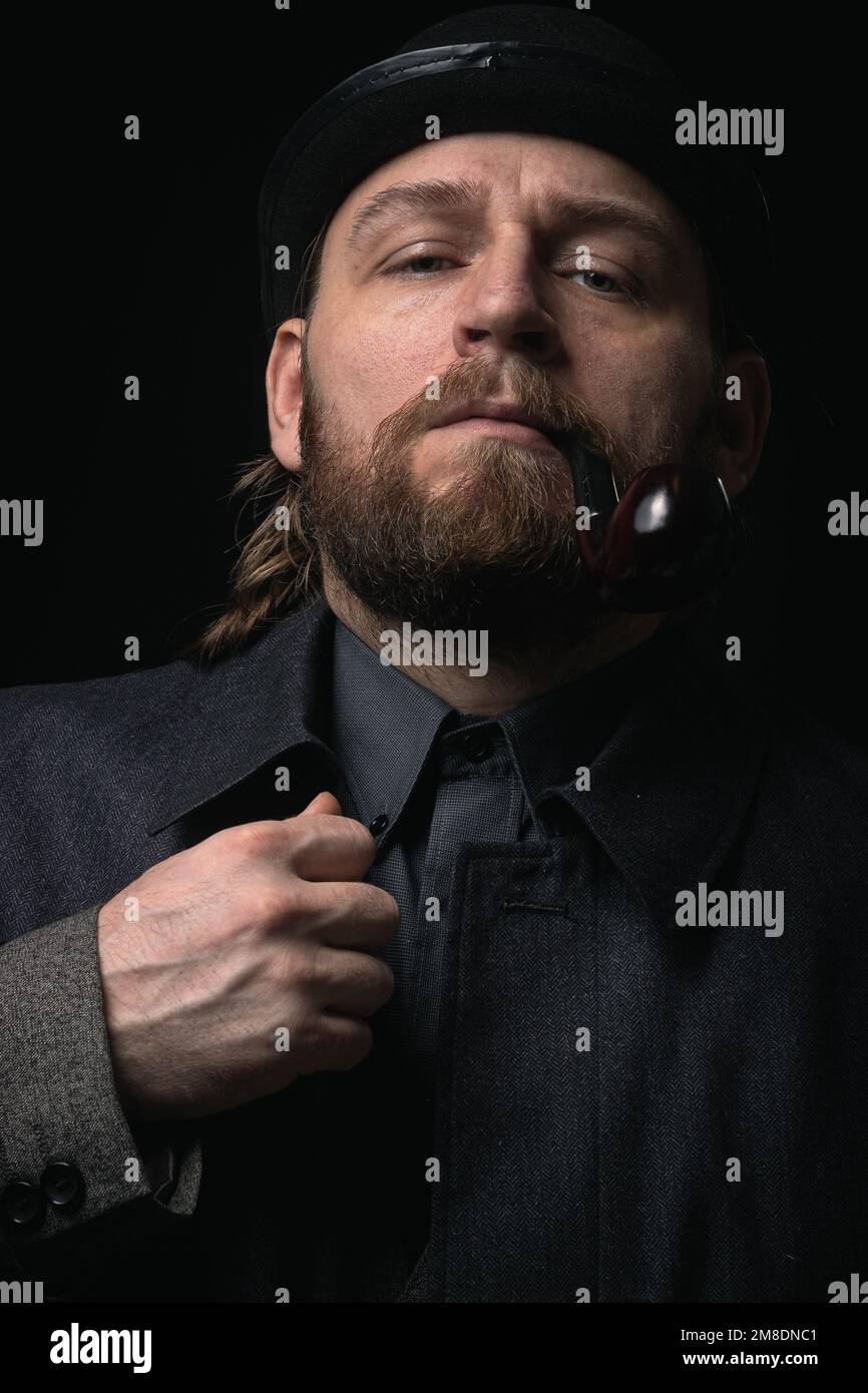 stylish man in retro outfit suit hat smoking wooden pipe sherlock ...